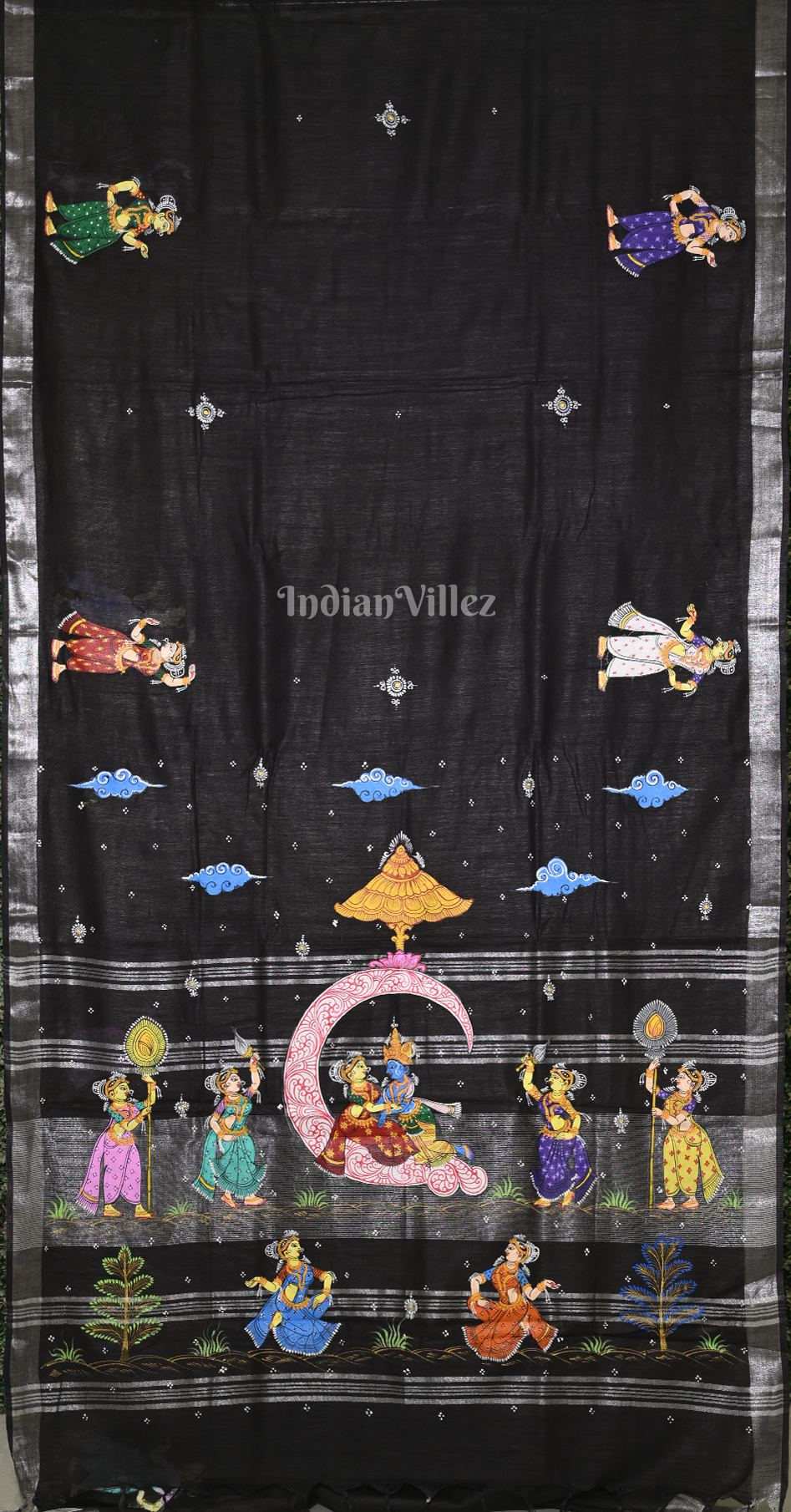 Black Ardha Chandra Krishna Rasa Leela Hand-Painted Saree(Linen ...
