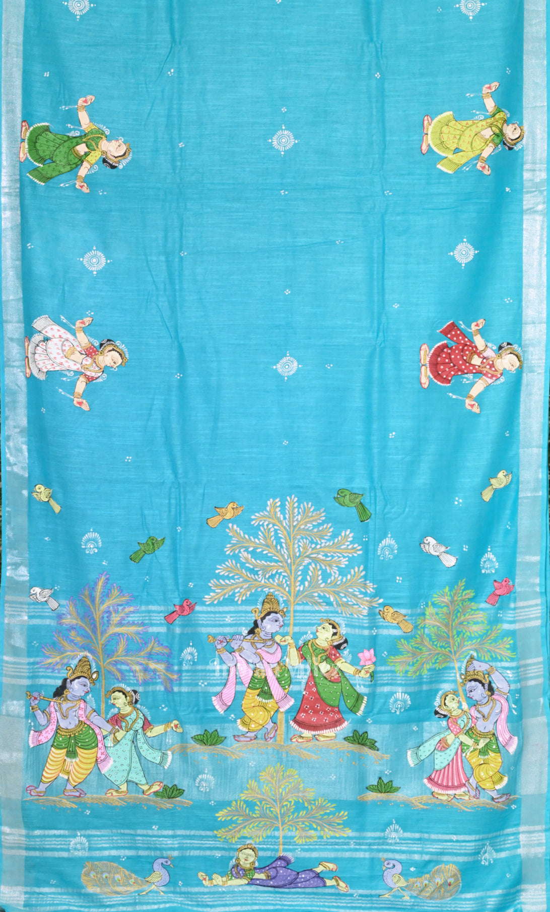 Sky Blue Radha Krishna Raasleela Hand-Painted Pattachitra Saree ...