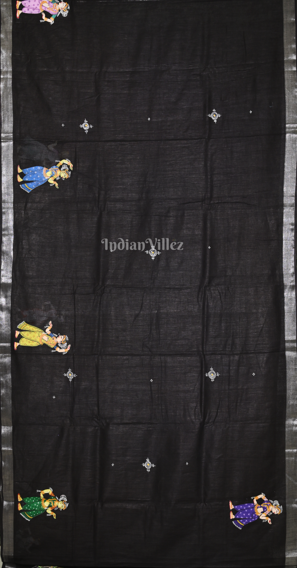 Black Ardha Chandra Krishna Rasa Leela Hand-Painted Saree(Linen ...