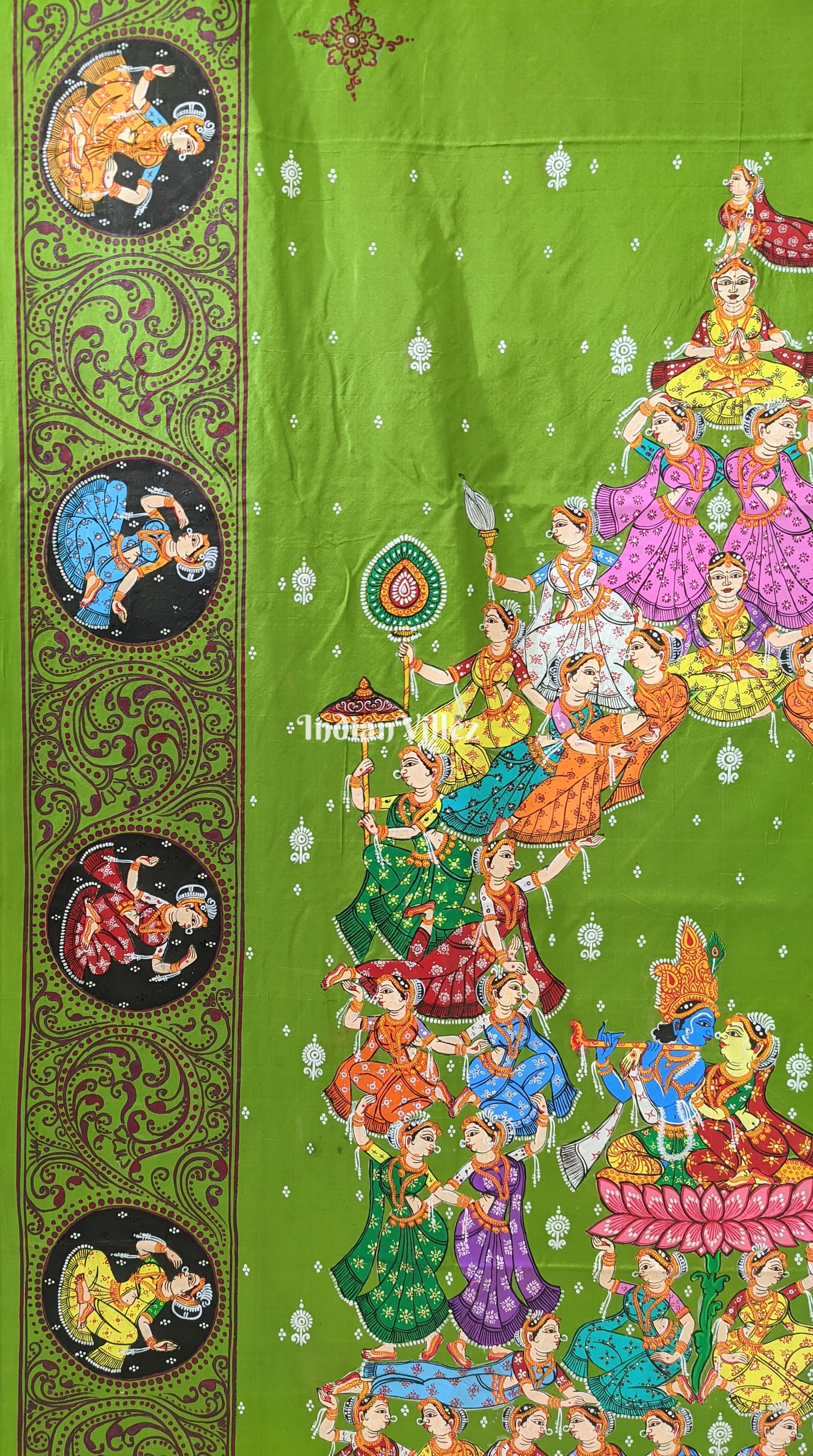Parrot Green Kandarpa Rath Hand-painted Pattachitra Saree – IndianVillèz