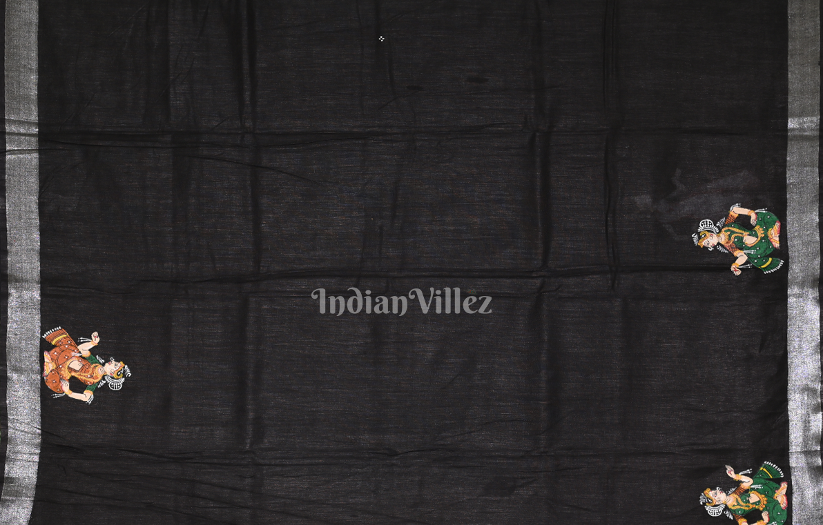 Black Ardha Chandra Krishna Rasa Leela Hand-Painted Saree(Linen ...