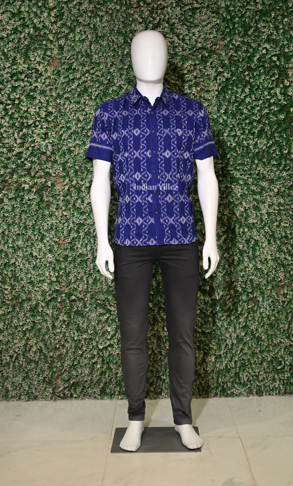 Navy Blue Odisha Ikat Cotton Half Sleeve Shirt for Men – IndianVillèz
