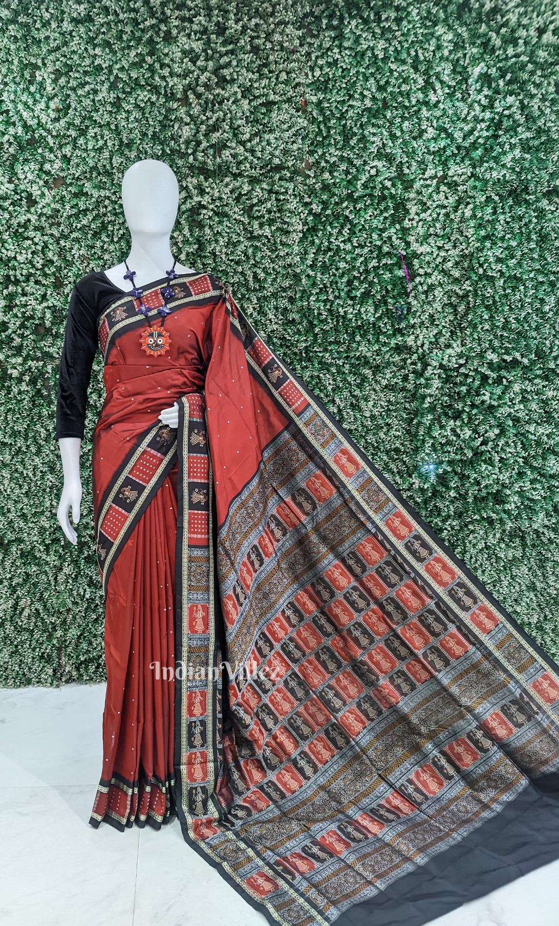 Red Black Buti Design Odisha Ikat Bomkai Sambalpuri Silk Saree with Do ...
