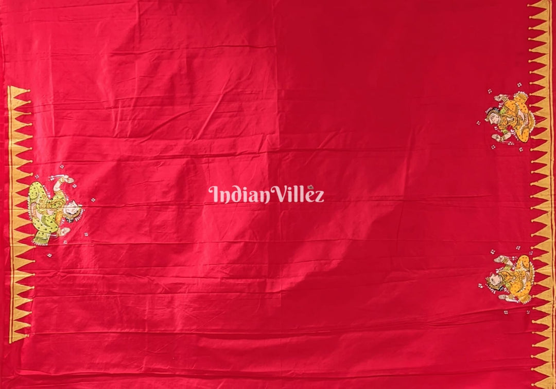 Red Doli Barat Theme Pattachitra Art on Pure Mulberry Silk Saree ...