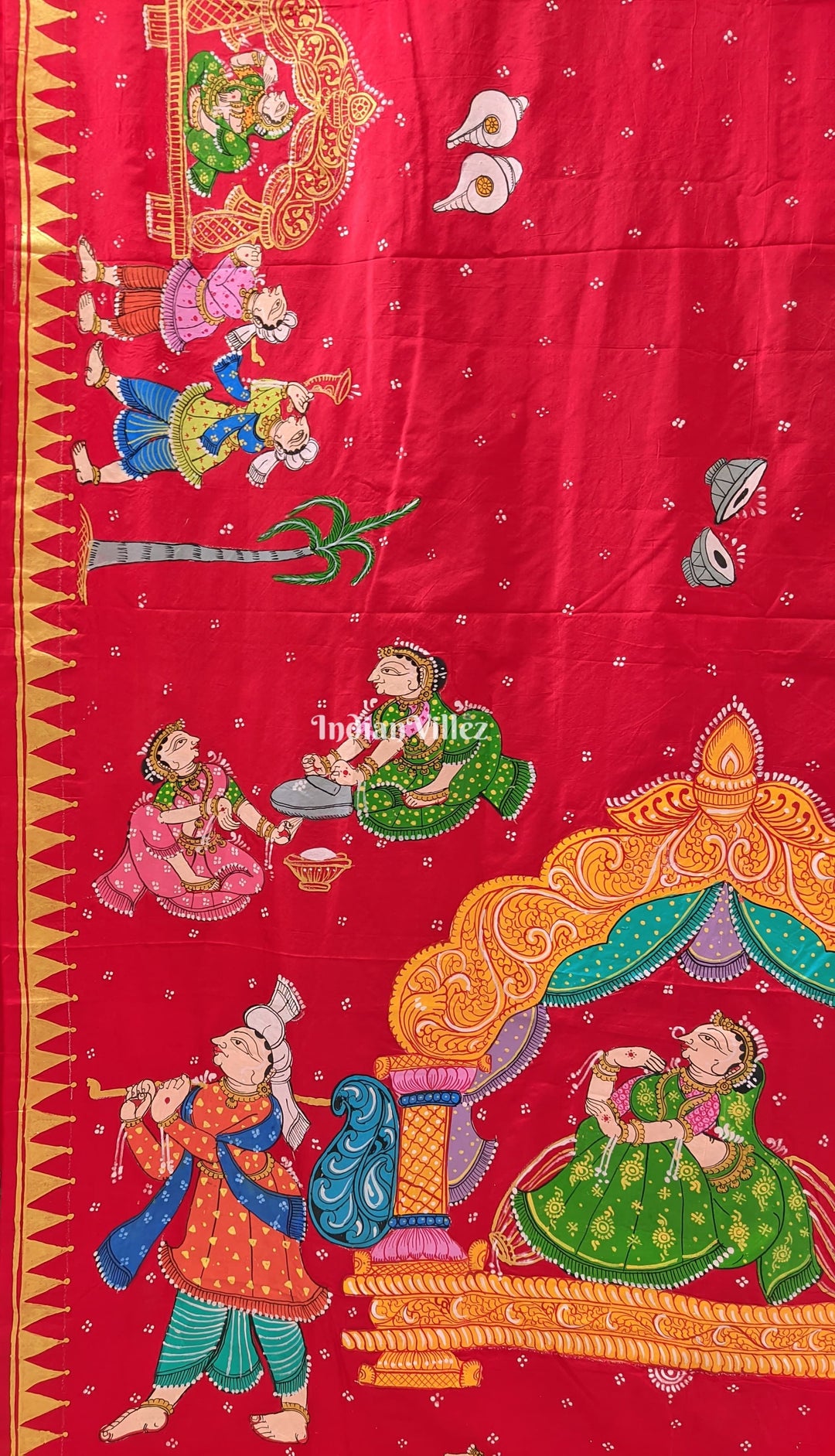 Red Doli Barat Theme Pattachitra Art on Pure Mulberry Silk Saree ...