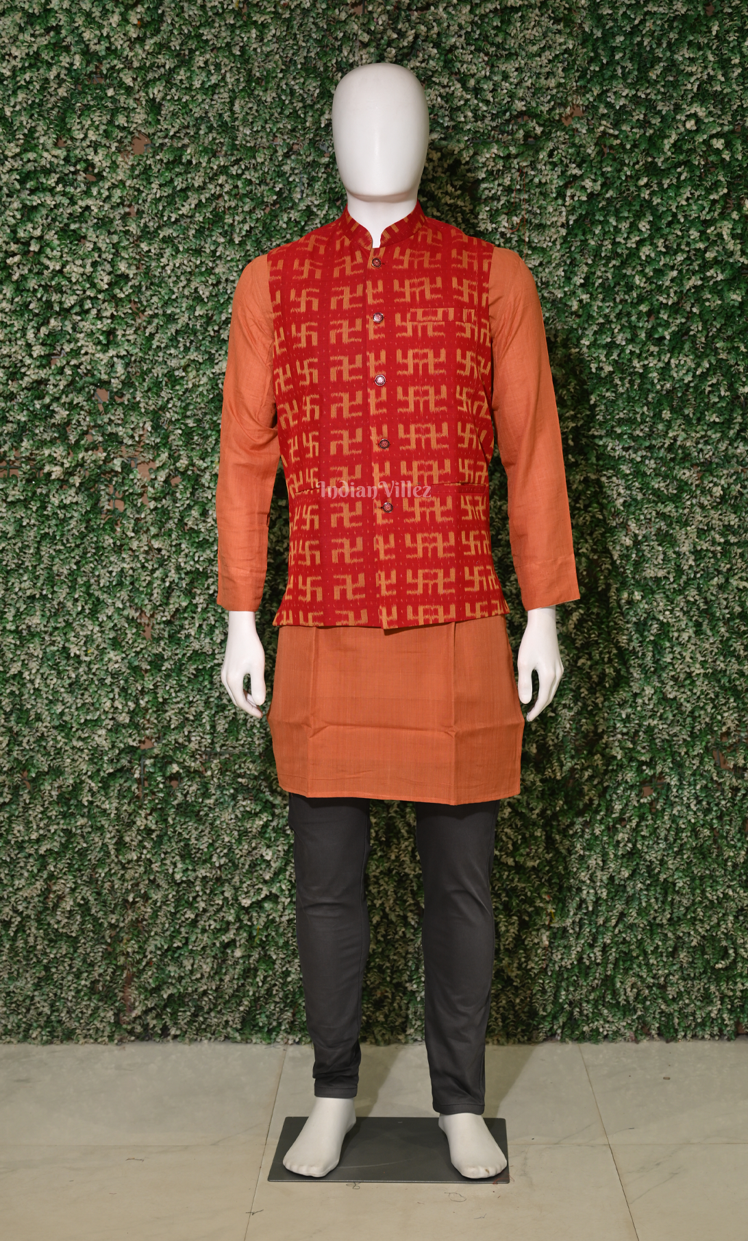 Red Swastik Design Odisha Ikat Half Bandi Jacket for Men – IndianVillèz