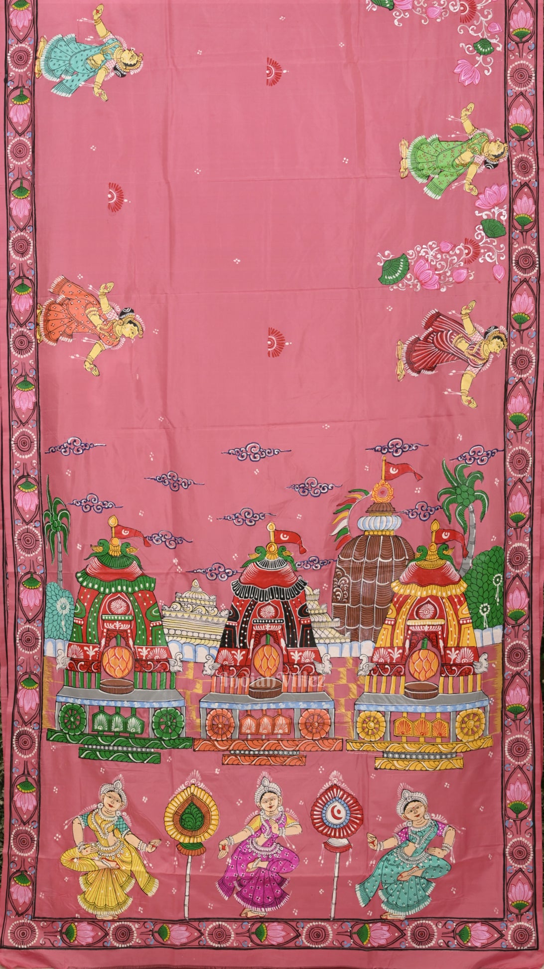 Peach Pink Shree Jagannath Ratha Yatra Hand-Painted Pattachitra Saree ...