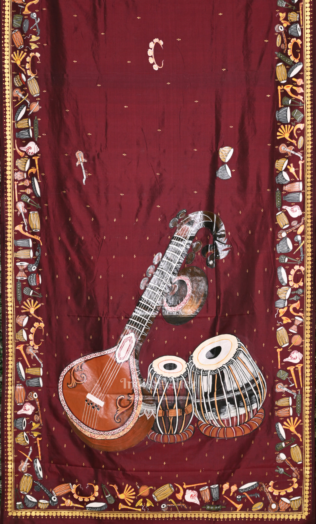 Maroon Sitar Instrument with Tabla Pattachitra Saree – IndianVillèz