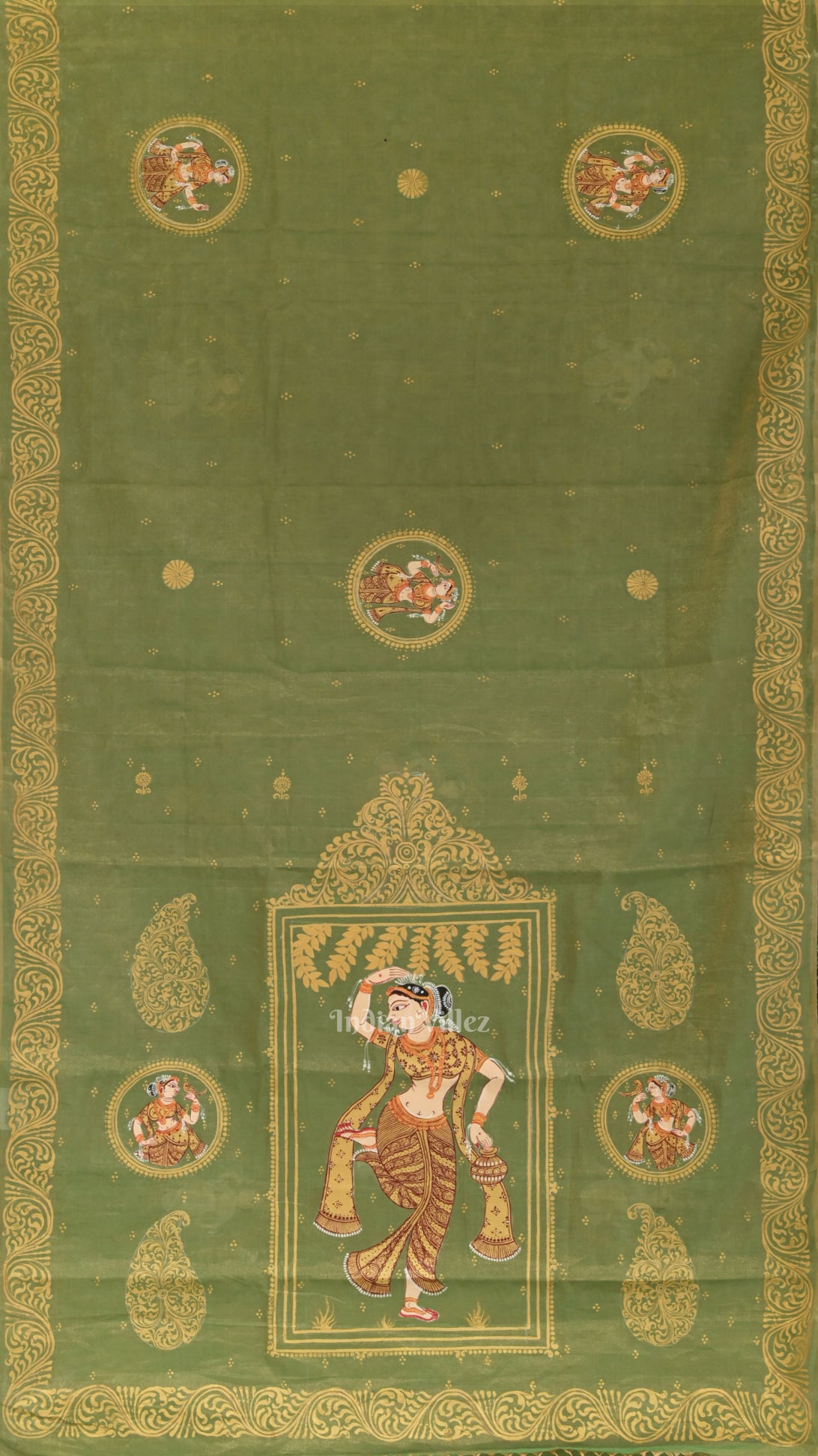 Green Nartaki Theme Hand- Painted Pattachitra Saree – IndianVillèz
