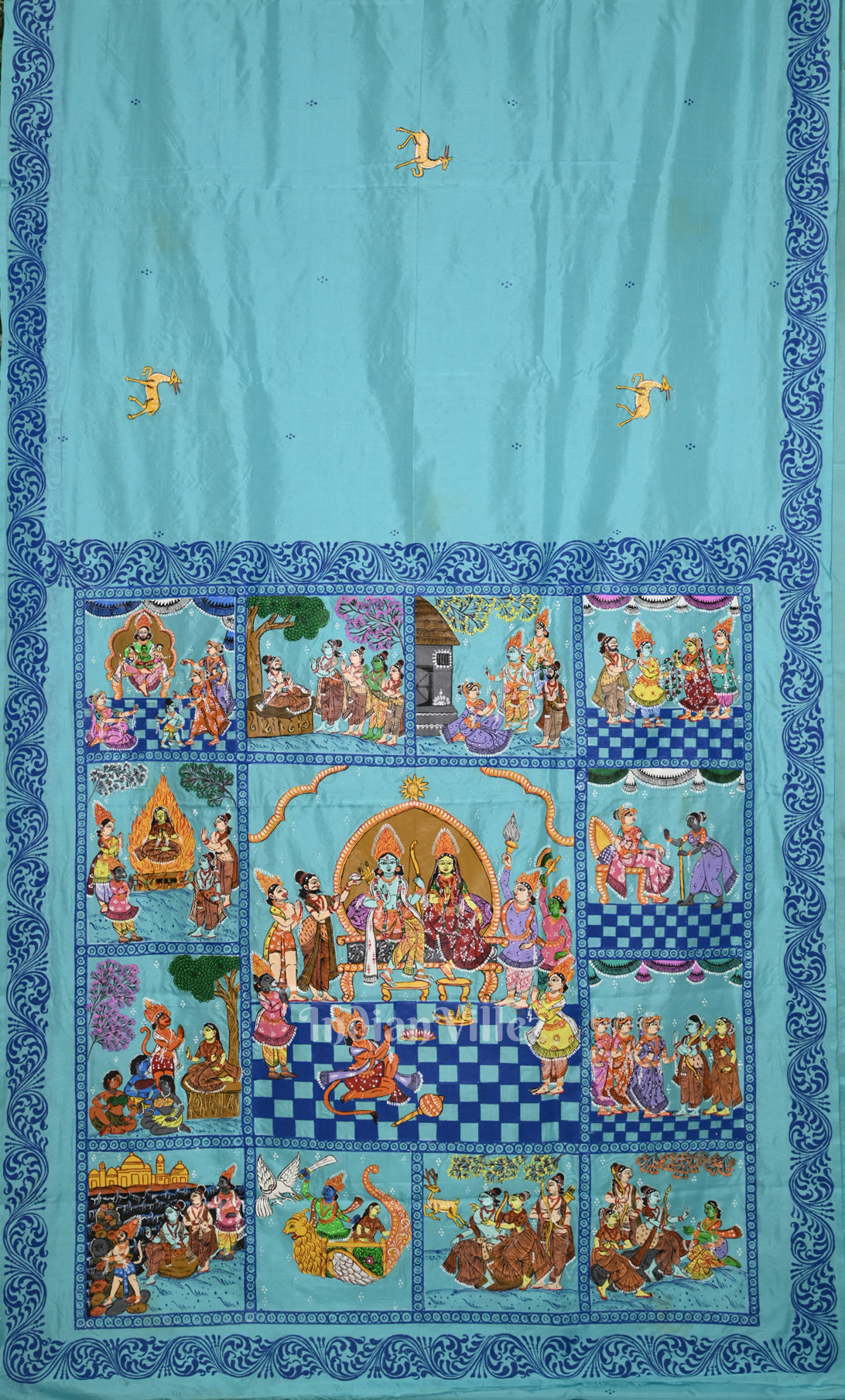 Sky Blue Ramayan Theme Hand-Painted Pattachitra Saree – IndianVillèz