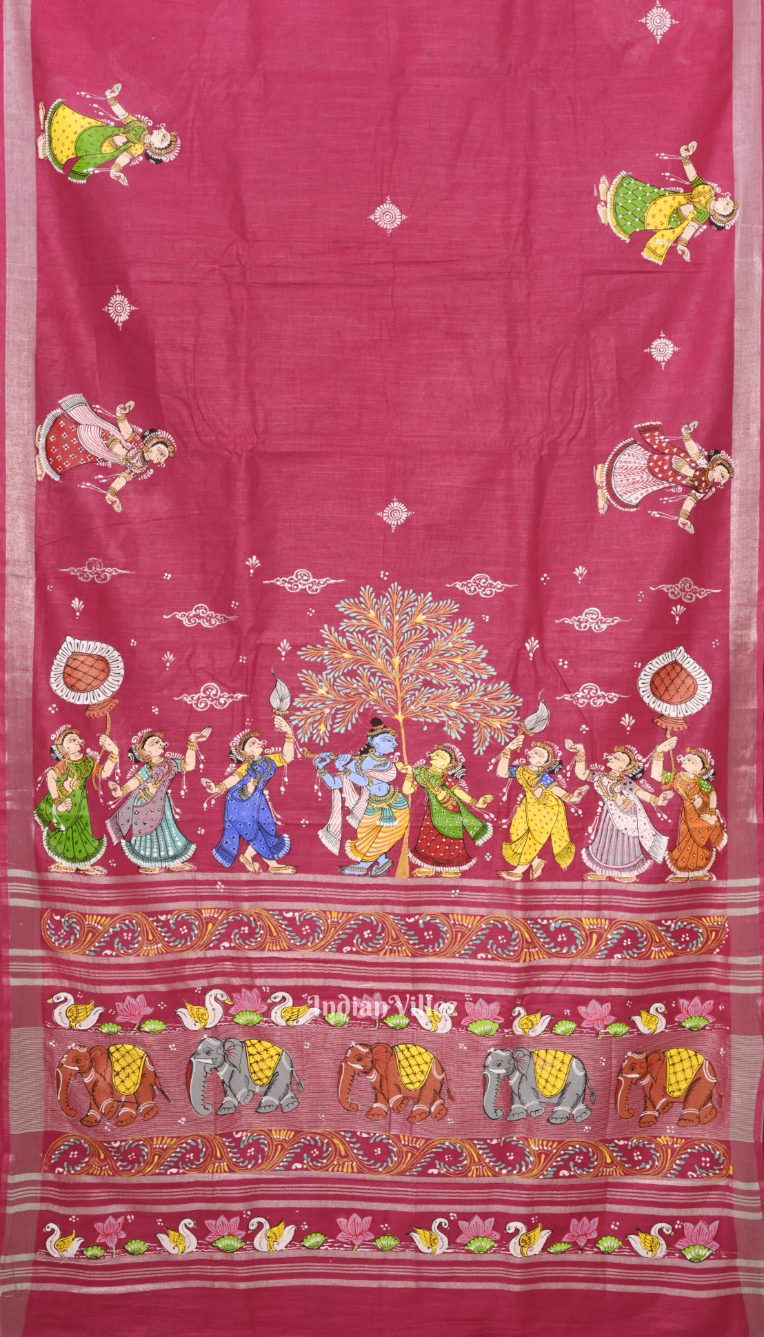 Pink Mudra Theme Hand-Painted Pattachitra Linen Saree With Zari Border ...