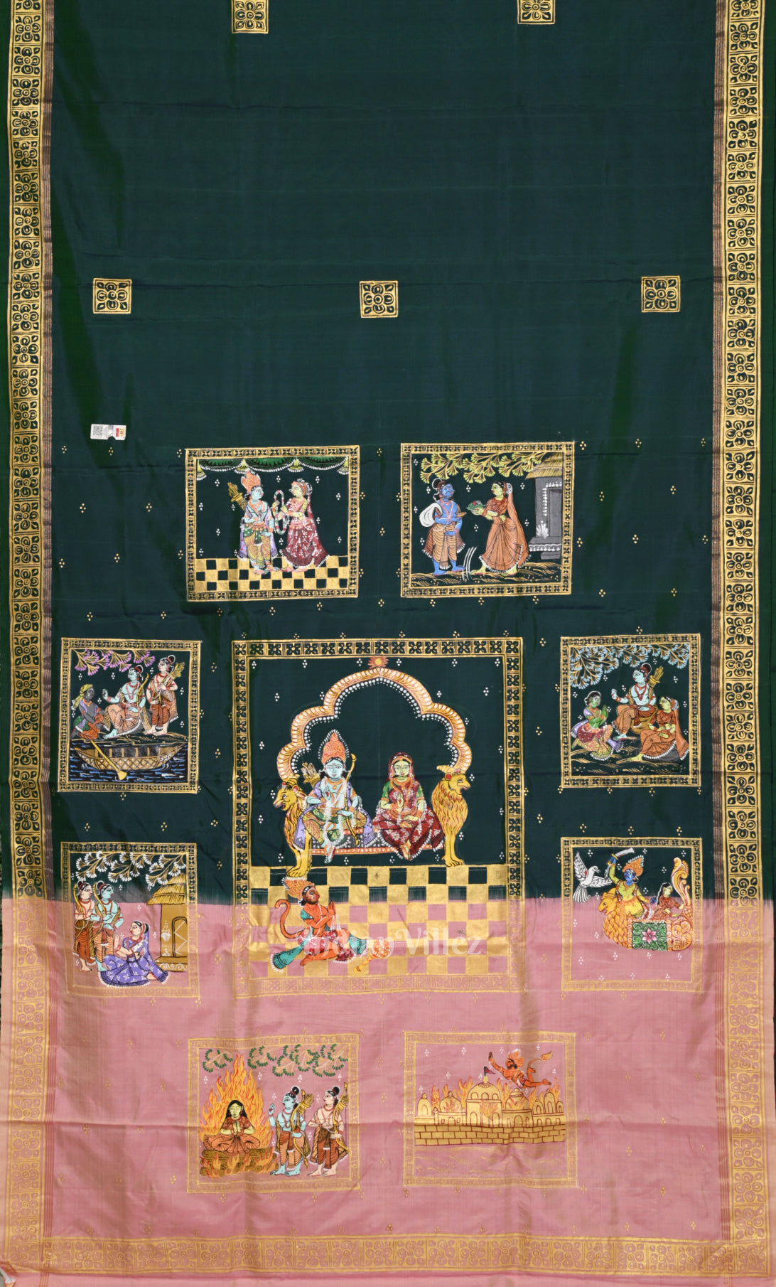Bottle Green Pink Ramayan Hand- Painted Pattachitra Saree – IndianVillèz