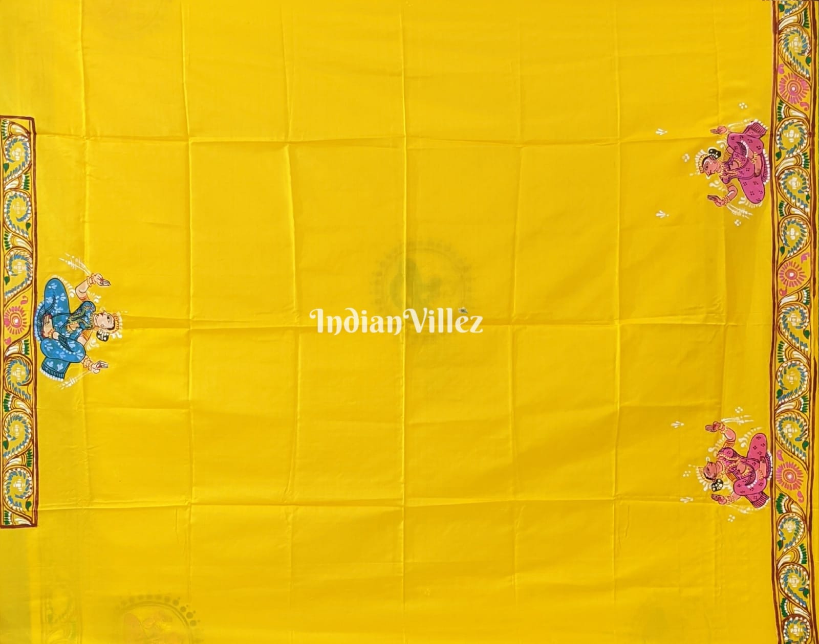 Yellow Krishna Rasa Leela Boita Theme Pattachitra Silk Saree – IndianVillèz