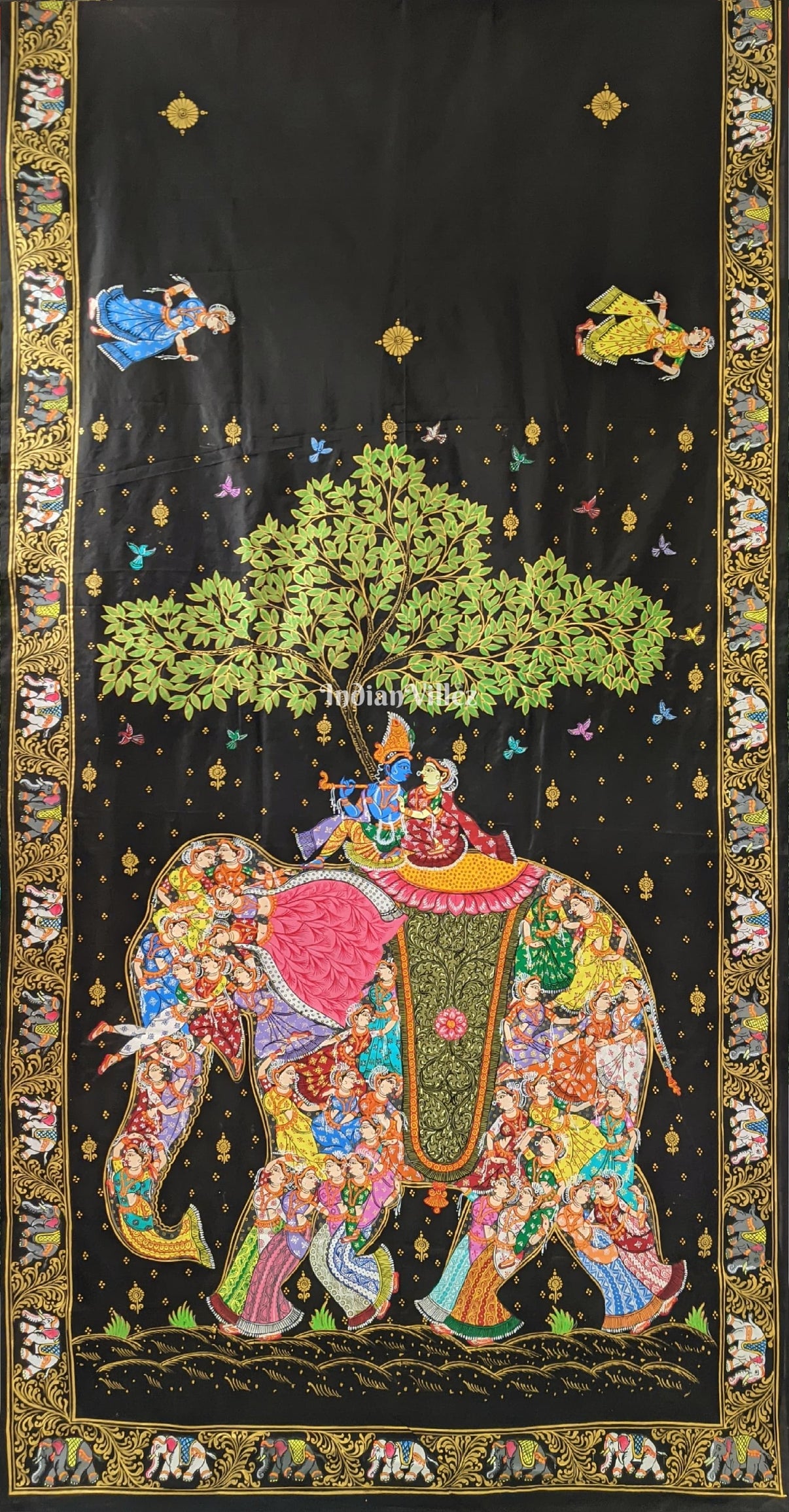Black Kandarpa Hati (Elephant) Hand-Painted Pattachitra Saree ...
