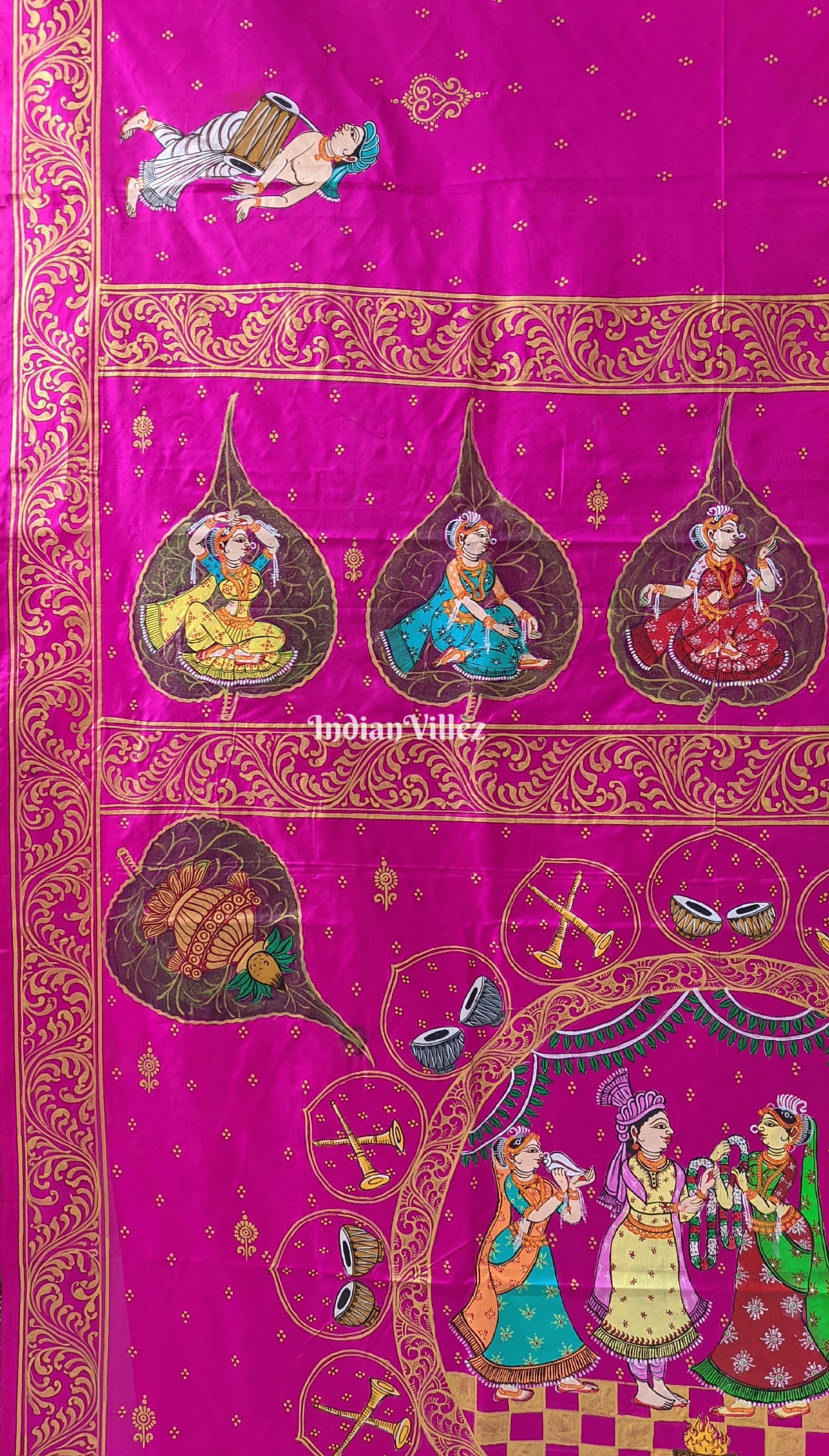 Rani Pink Marriage Theme Hand-Painted Pattachitra Saree – IndianVillèz