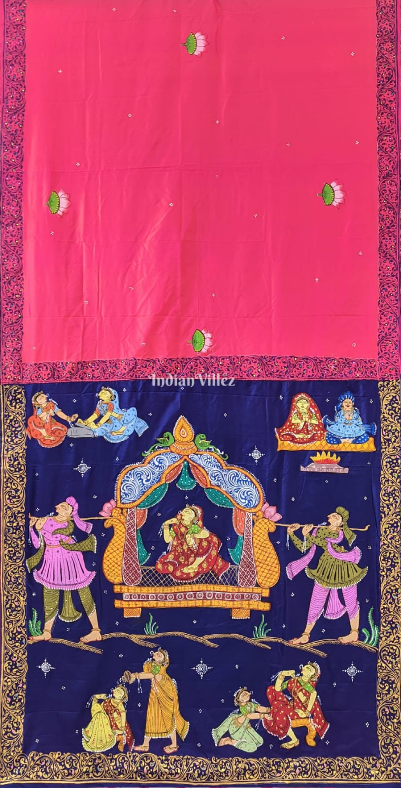 Pink Blue Doli Barat Theme Pattachitra Mulberry Silk Saree – IndianVillèz