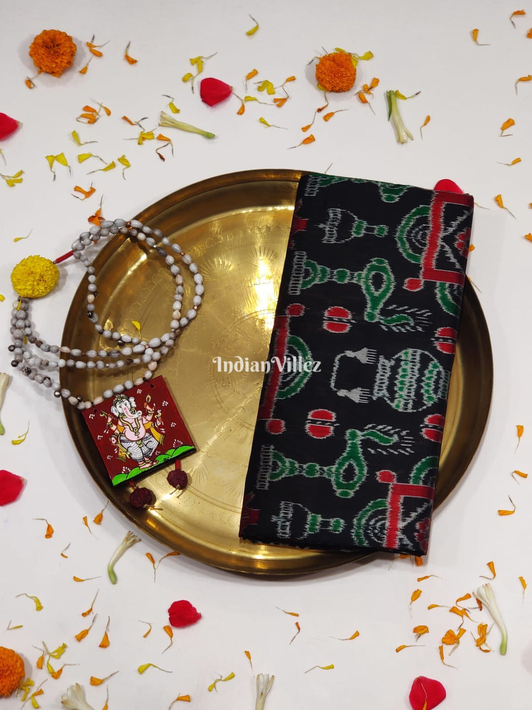 Black Green Kumbha Design With Patli Exclusive Sambalpuri Ikat Silk Sa ...
