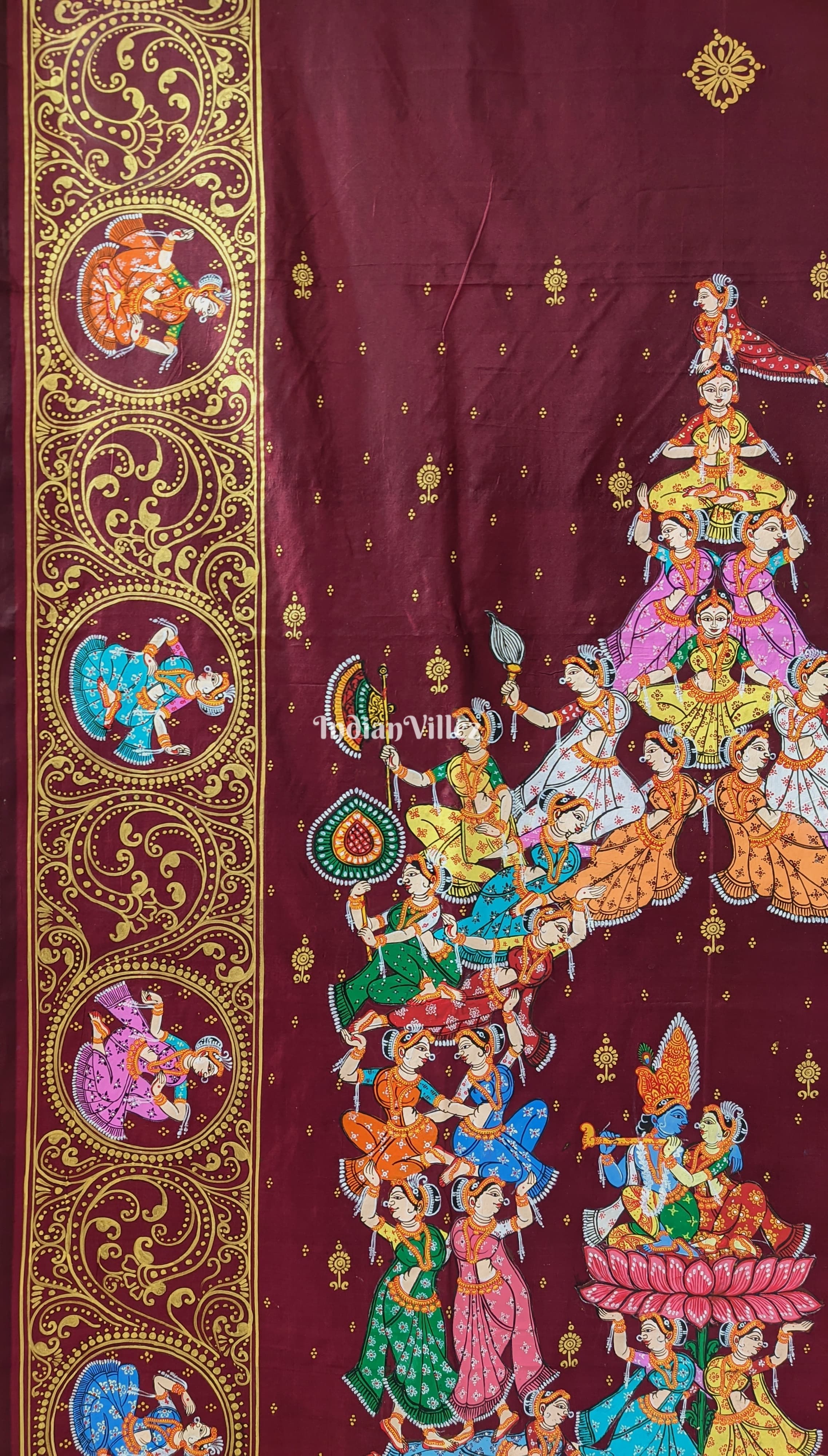 Maroon Kandarpa Rath Hand-painted Pattachitra Saree – IndianVillèz