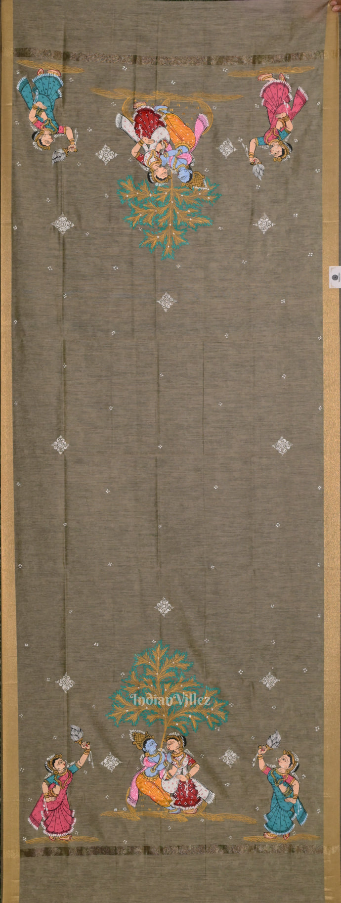 Gray Radha Krishna Raslila Hand-Painted Patachitra Chanderi Dupatta ...