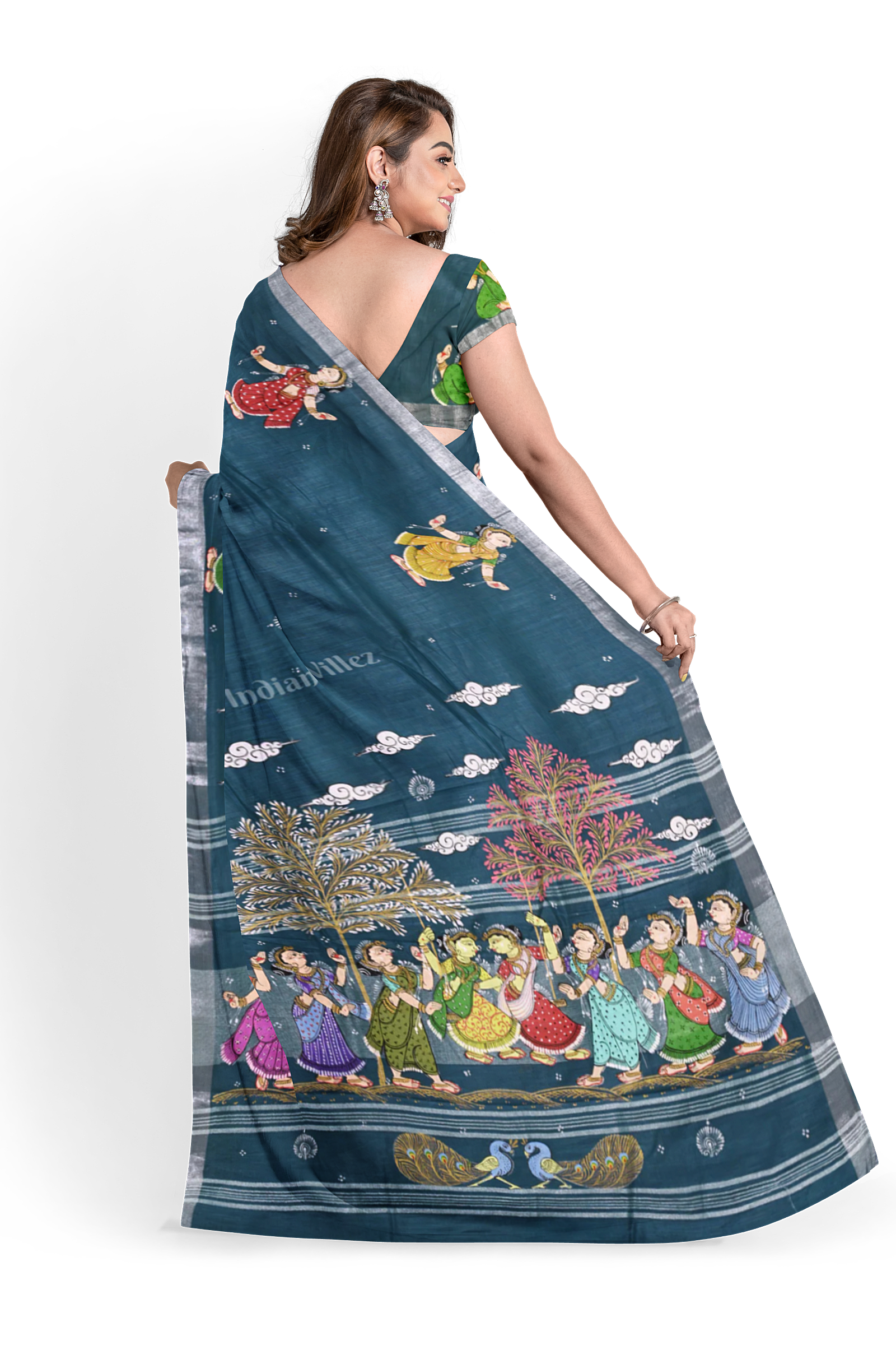 Peacock Blue Raja Doli Theme Hand-Painted Pattachitra Saree – IndianVillèz