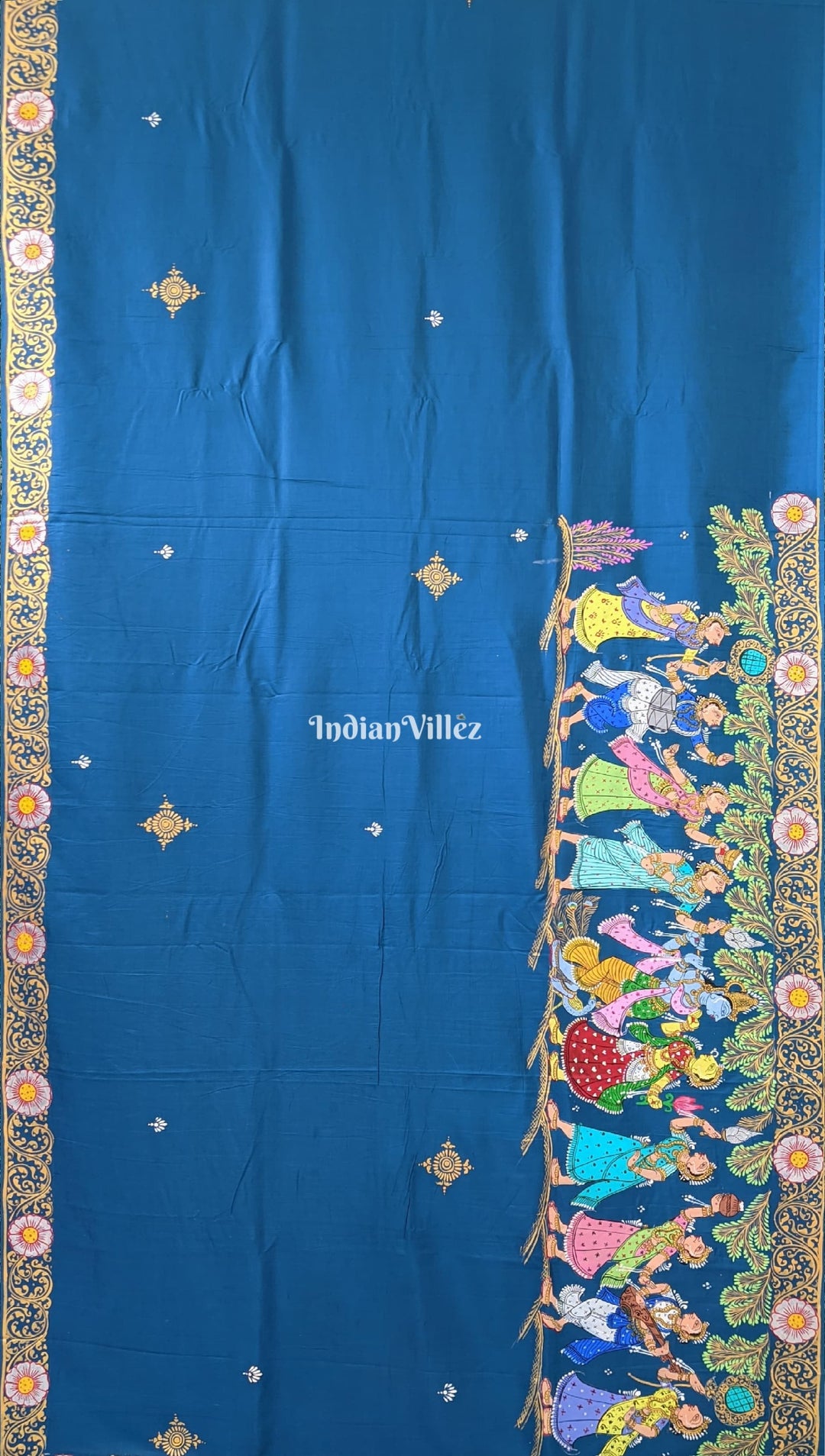 Peacock Blue Radha Krishna Boita Pattachitra Silk Saree – IndianVillèz