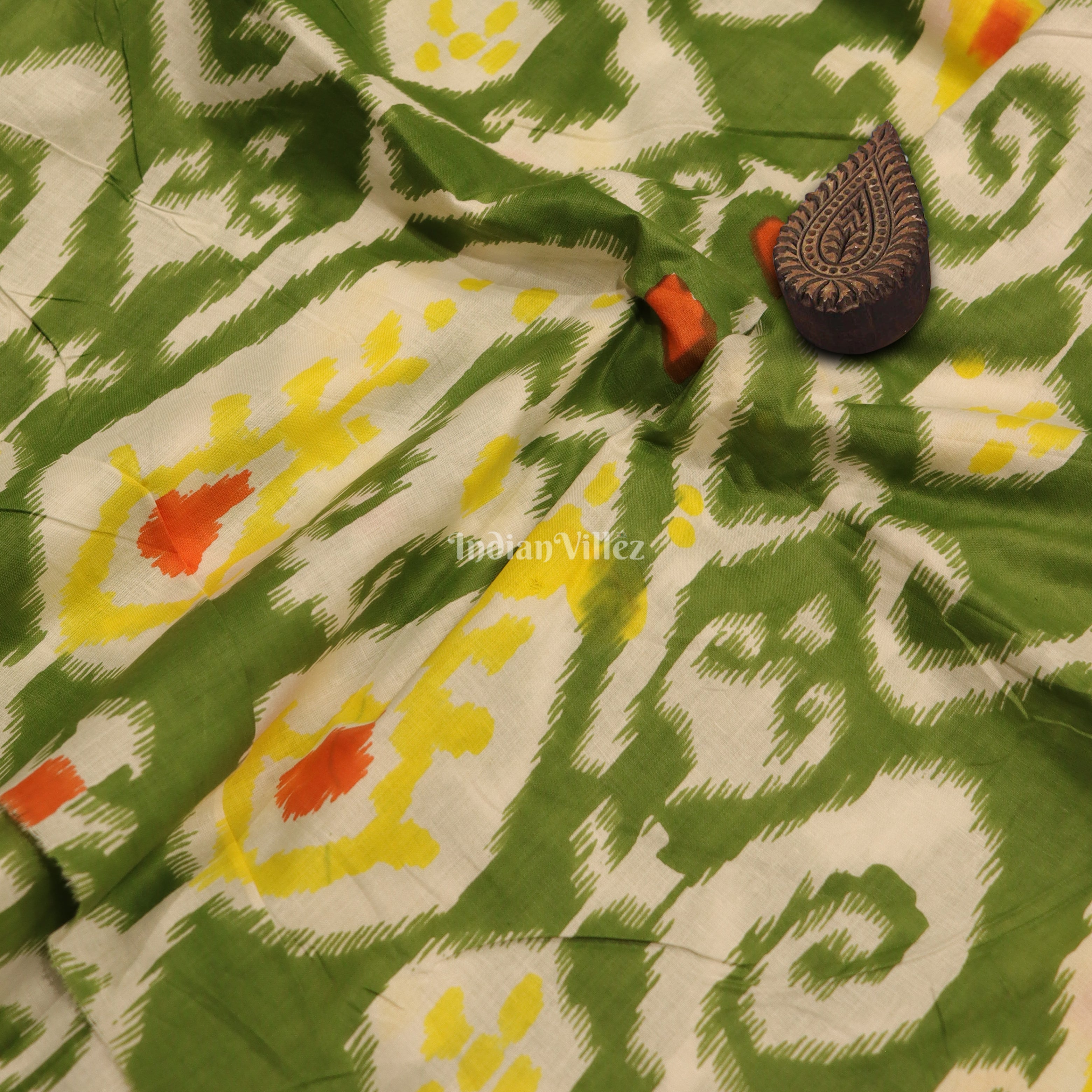 Green White Hand Block Printed Cotton Fabric – IndianVillèz