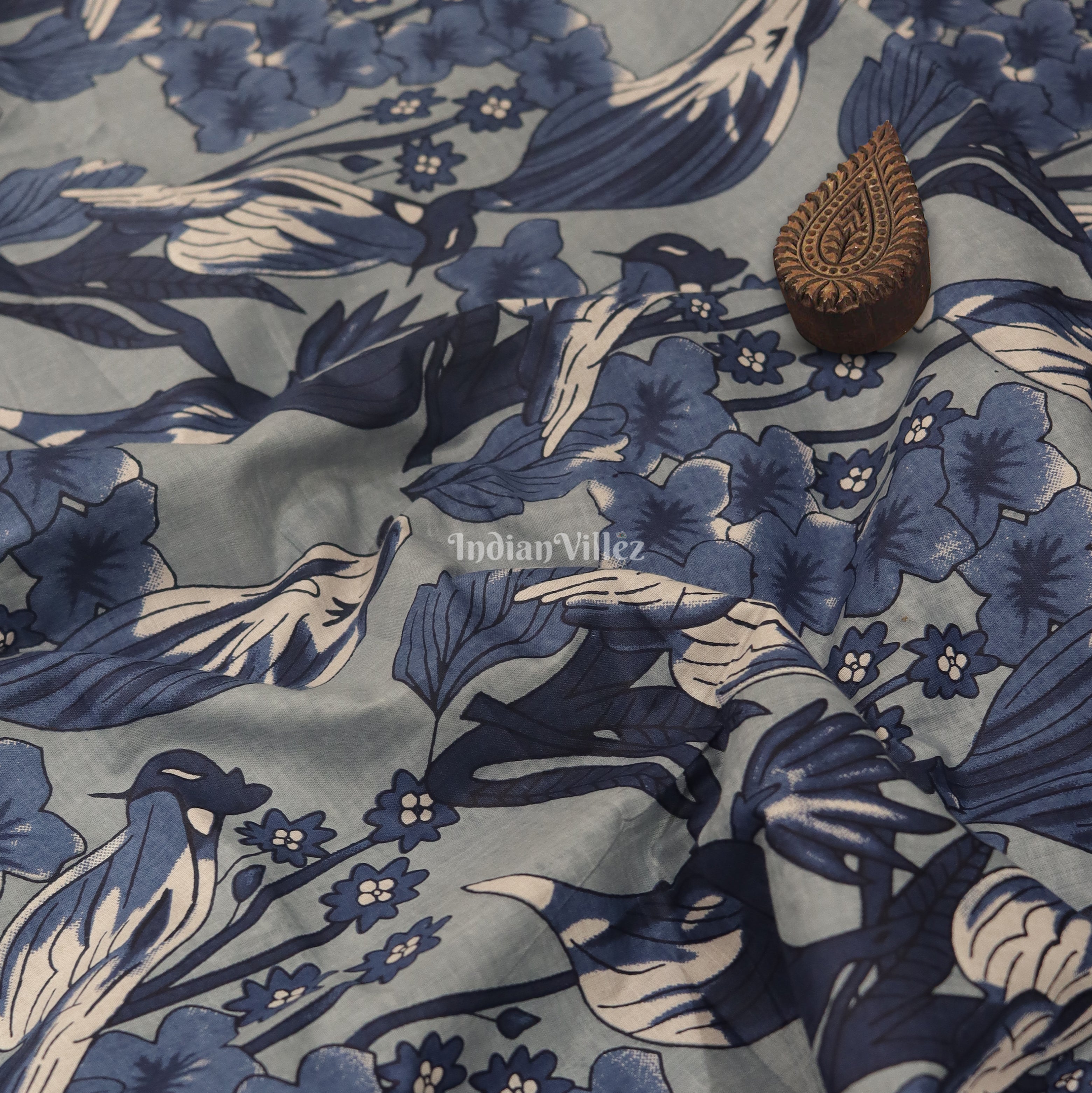 Blue Bird Theme Hand Block Printed Cotton Fabric – IndianVillèz
