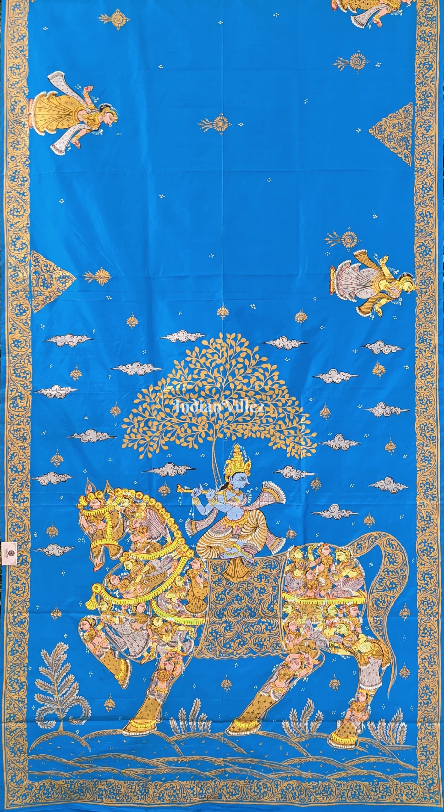 Copper Sulphate Kandarpa Ashwa (Horse) Hand-Painted Pattachitra Saree ...