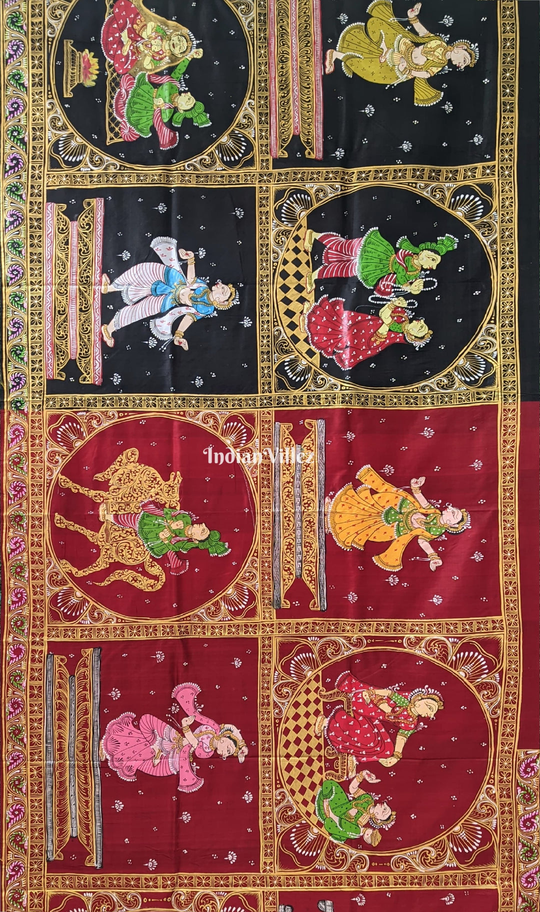 Maroon & Black Doli Barat Marrage Theme Pattachitra Saree – IndianVillèz