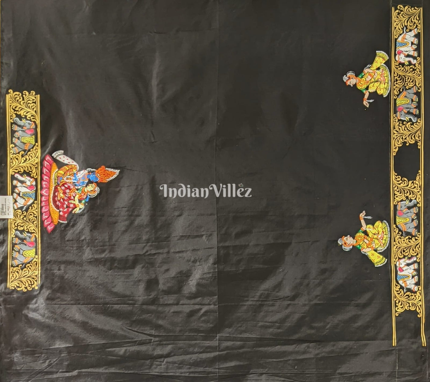 Black Kandarpa Hati (Elephant) Hand-Painted Pattachitra Saree ...