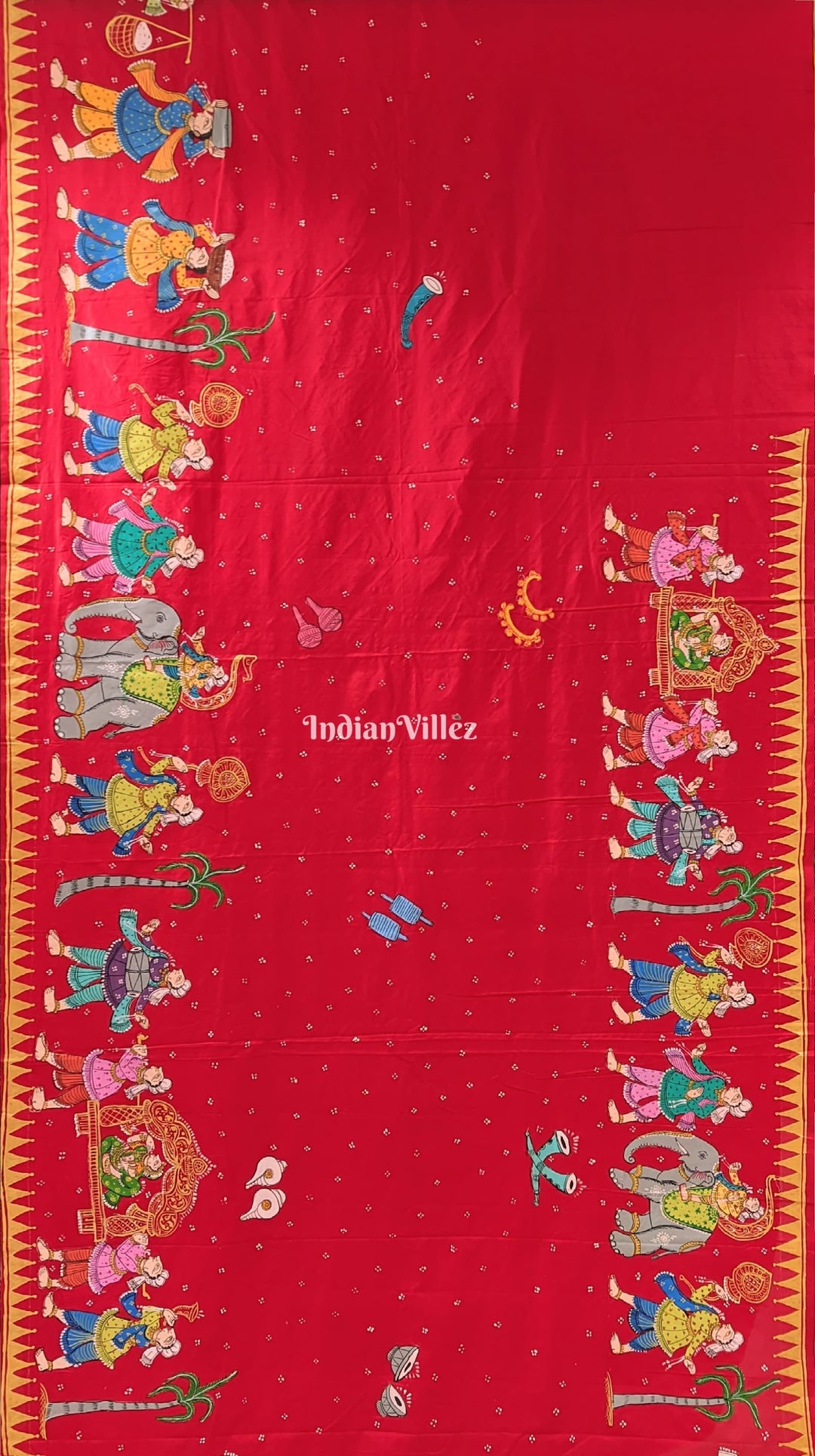 Red Doli Barat Theme Pattachitra Art on Pure Mulberry Silk Saree ...