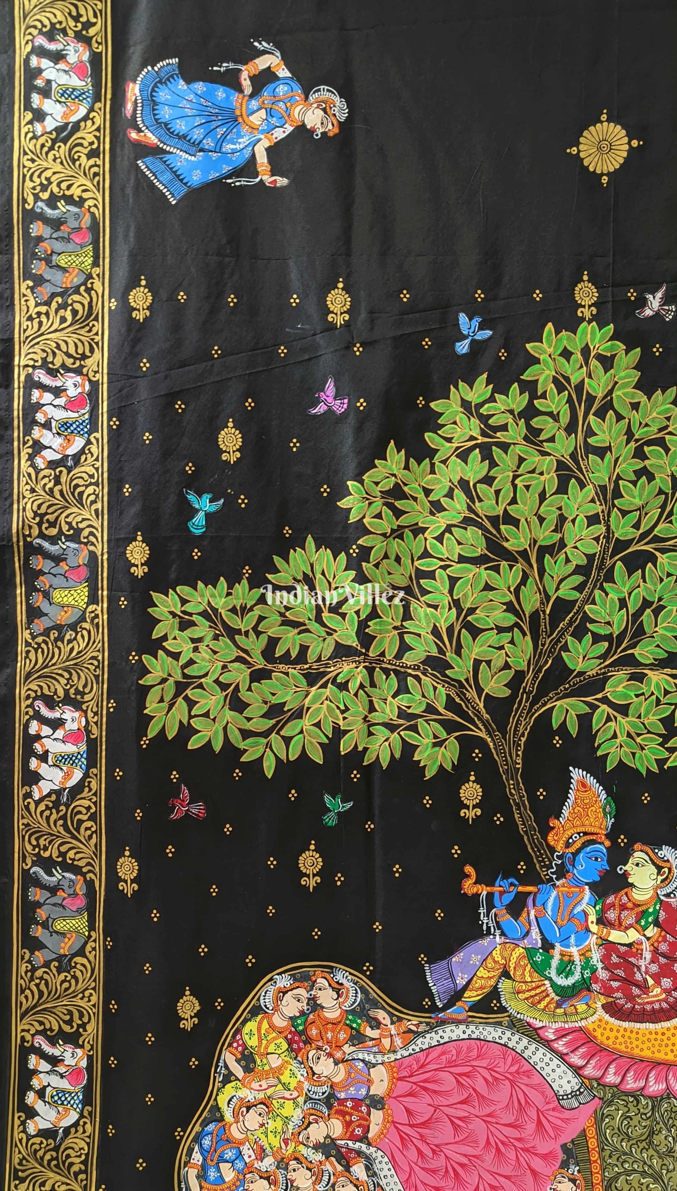 Black Kandarpa Hati (Elephant) Hand-Painted Pattachitra Saree ...