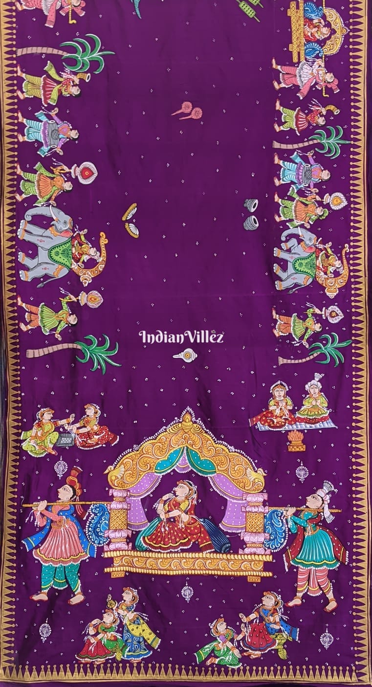 Purple Doli Barat Theme Hand-Painted Pattachitra Saree (PRE ORDER ...